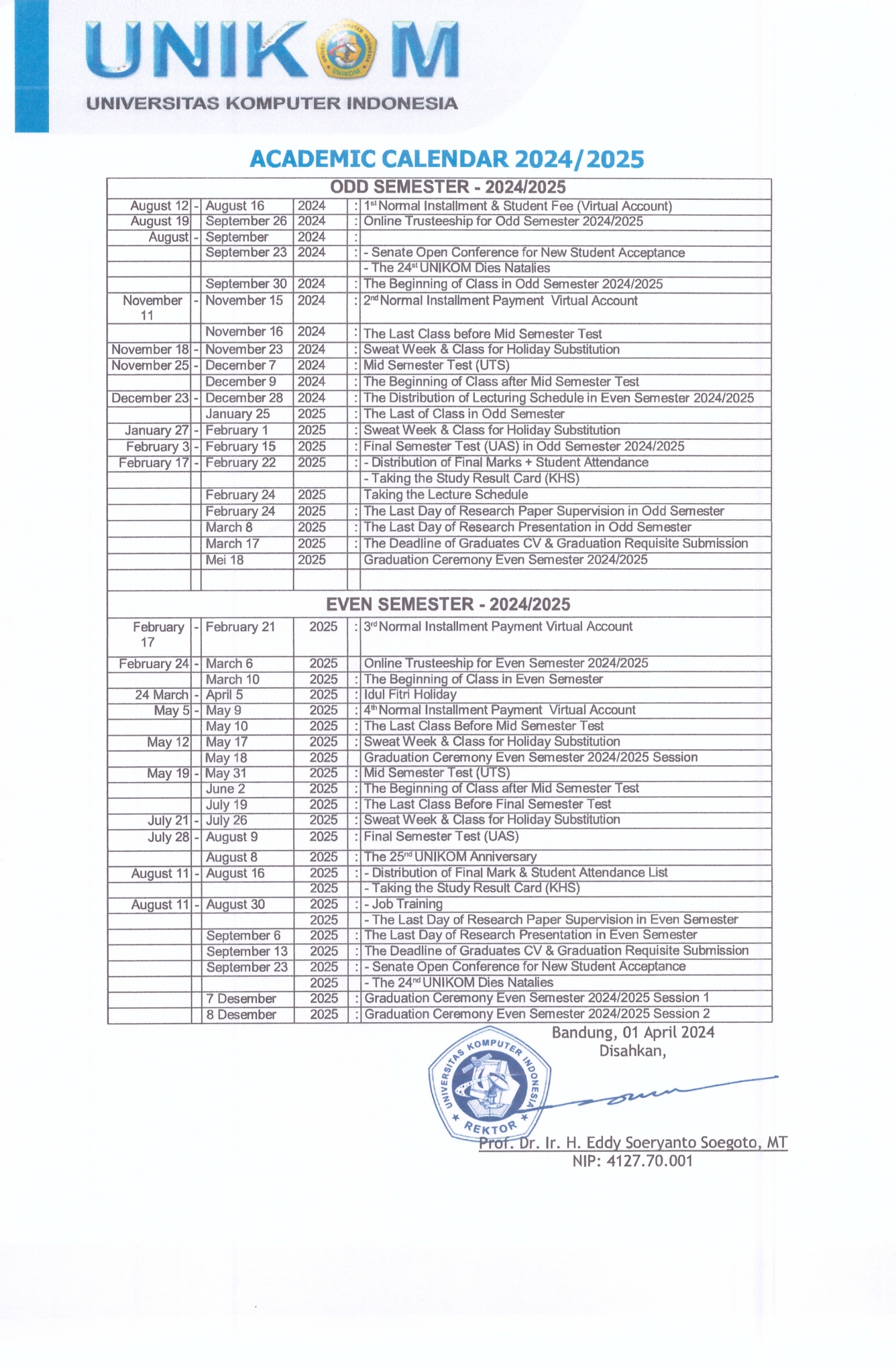 Kalender Akademik – Program Studi Manajemen UNIKOM